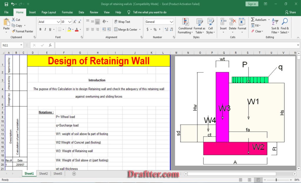 Retaining wall design calculator Excel Sheet – Draftter