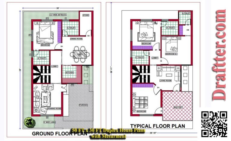 50 FT x 30 FT Duplex House Plans with Measurement [PDF, DWG]