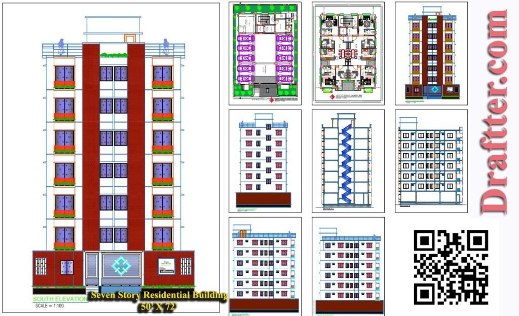 50′ x 72′ Seven Story Residential Building Floor Plans and Designs [DWG ...