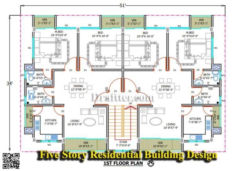 51′ x 34′ Five Story Residential Building Plans and Design